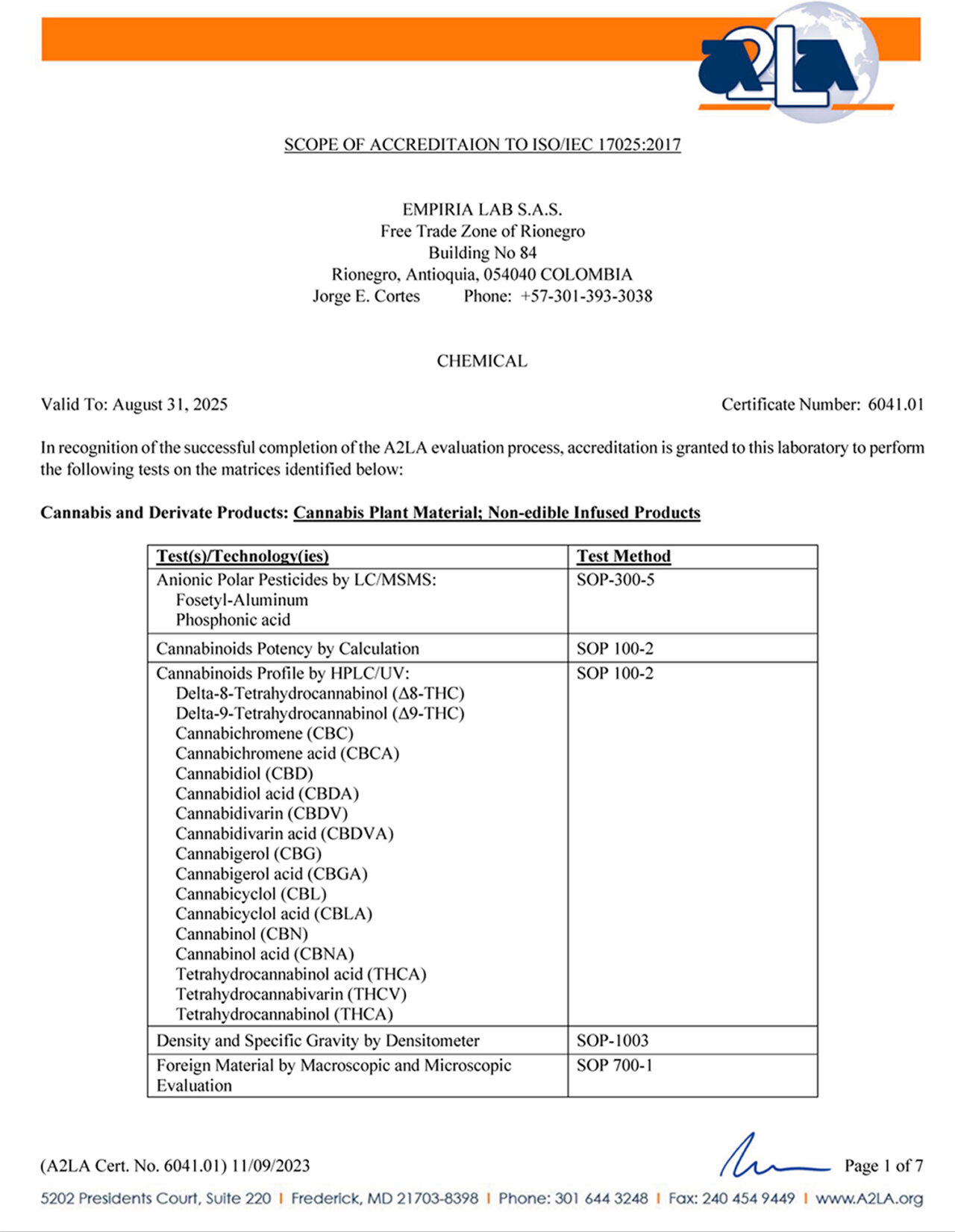 Scope of A2LA certification - Empiria labs